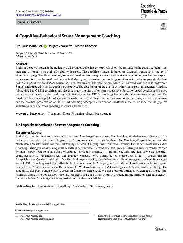 (PDF) A Cognitive-Behavioral Stress Management Coaching