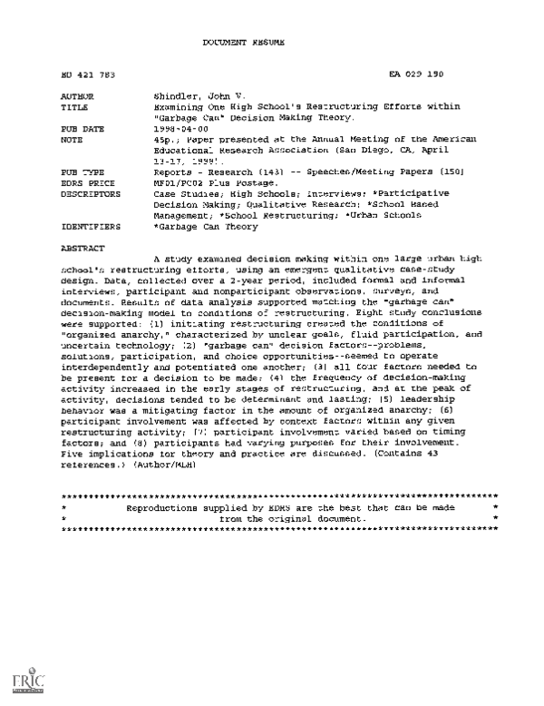 (PDF) Examining One High School's Restructuring Efforts within "Garbage ...