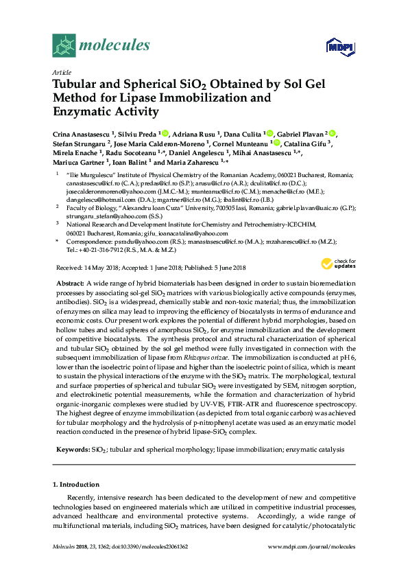 (PDF) Tubular and Spherical SiO2 Obtained by Sol Gel Method for Lipase ...