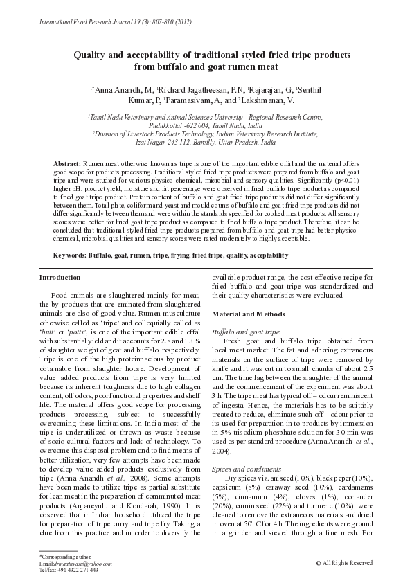 (PDF) Quality and acceptability of traditional styled fried tripe ...