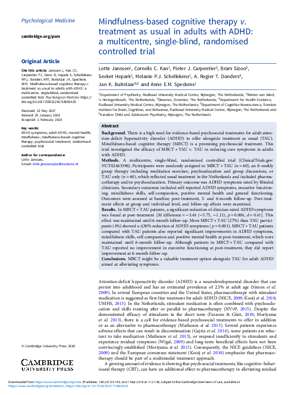 (PDF) Mindfulness-based cognitive therapy v . treatment as usual in adults with ADHD: a ...