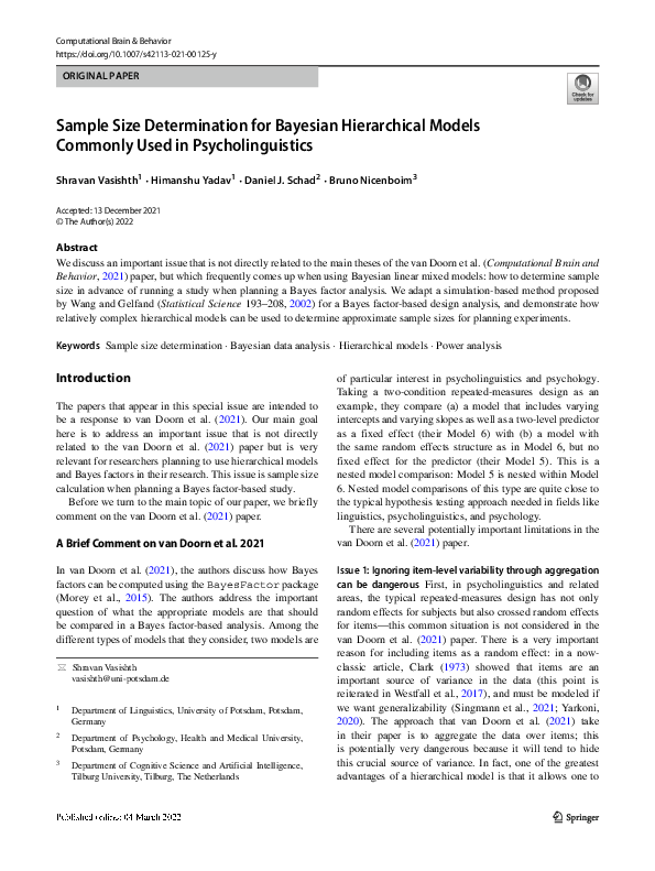 (PDF) Sample Size Determination for Bayesian Hierarchical Models Commonly Used in Psycholinguistics