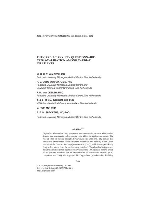 (PDF) The Cardiac Anxiety Questionnaire: Cross-Validation among Cardiac ...