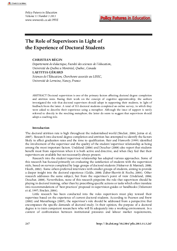 (PDF) The Role of Supervisors in Light of the Experience of Doctoral ...
