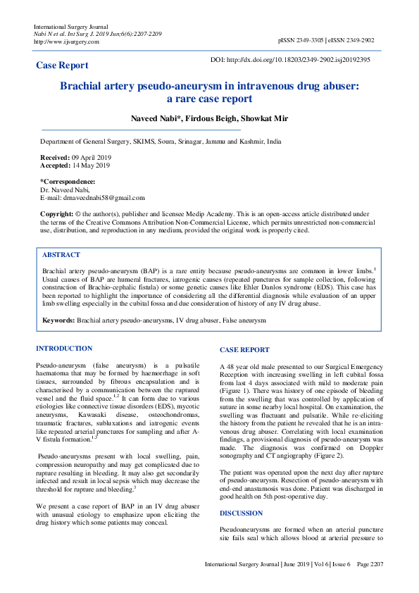 (PDF) Brachial artery pseudo-aneurysm in intravenous drug abuser: a ...