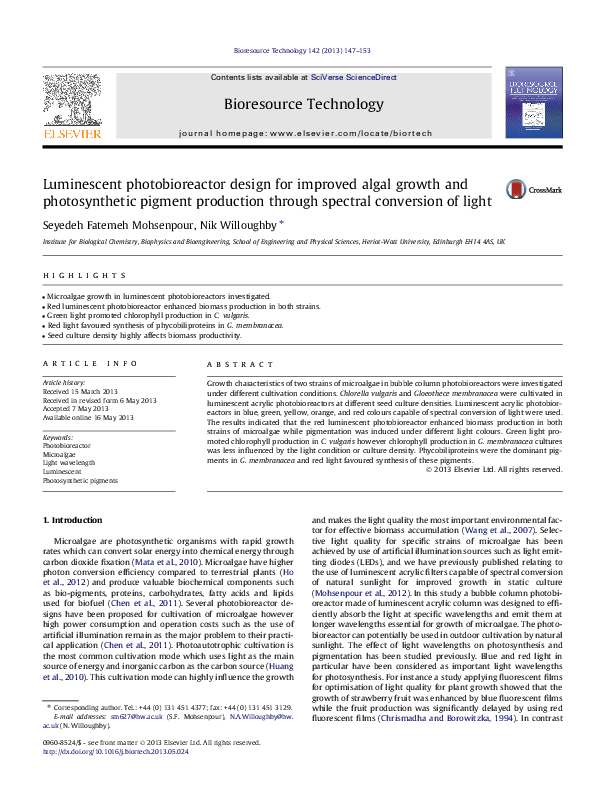 (PDF) Luminescent photobioreactor design for improved algal growth and photosynthetic pigment ...