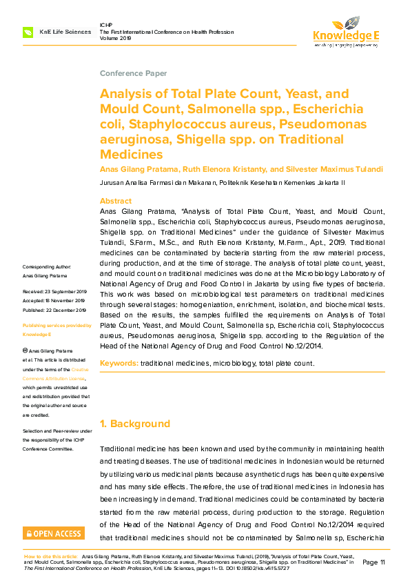 (PDF) Analysis of Total Plate Count, Yeast and Mould Count, Salmonella ...