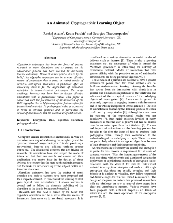 (PDF) An Animated Cryptographic Learning Object | Georgios Theodoropoulos - Academia.edu