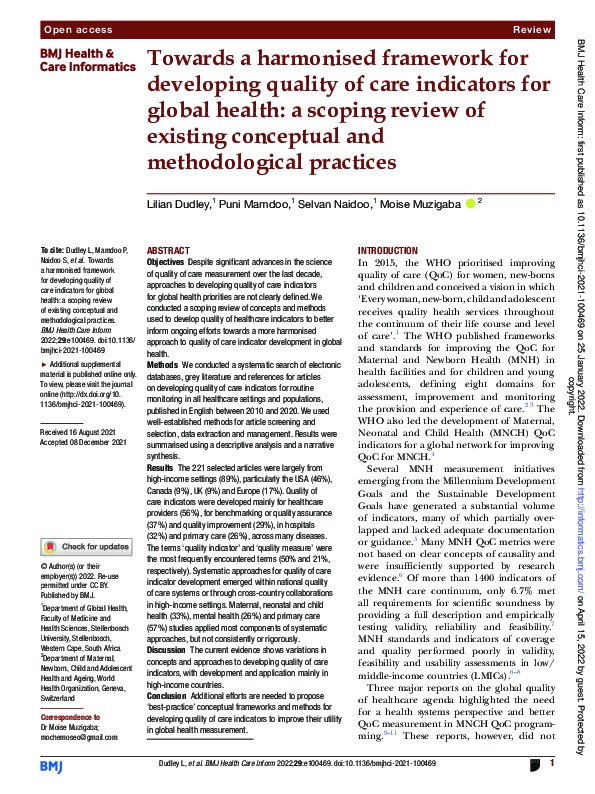 (PDF) Towards a harmonised framework for developing quality of care indicators for global health ...