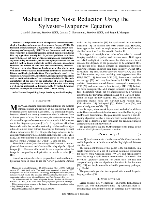 (PDF) Medical Image Noise Reduction Using the Sylvester–Lyapunov Equation