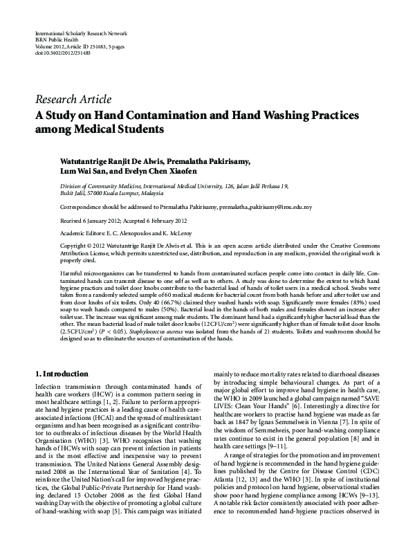 (PDF) A Study on Hand Contamination and Hand Washing Practices among ...
