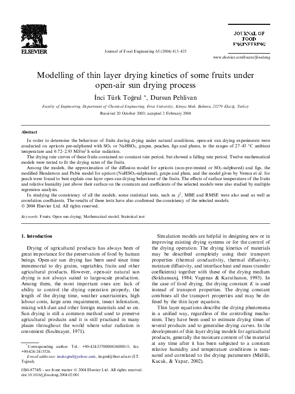(PDF) Modelling of thin layer drying kinetics of some fruits under open ...