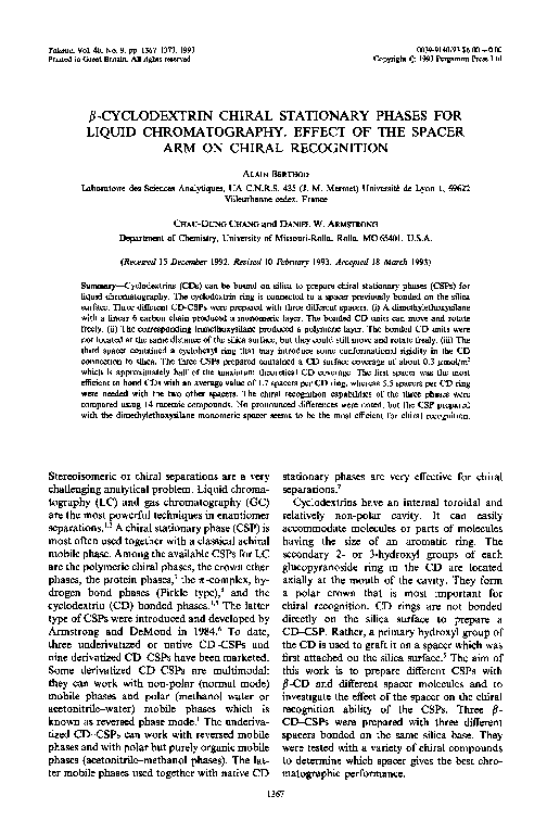 β-Cyclodextrin chiral stationary phases for liquid chromatography ...