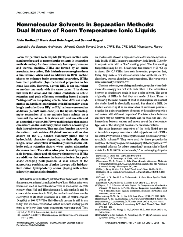 (PDF) Nonmolecular Solvents in Separation Methods: Dual Nature of Room ...