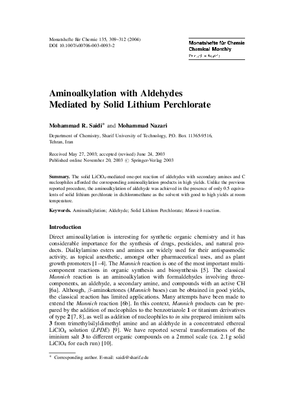 (PDF) Aminoalkylation with Aldehydes Mediated by Solid Lithium Perchlorate