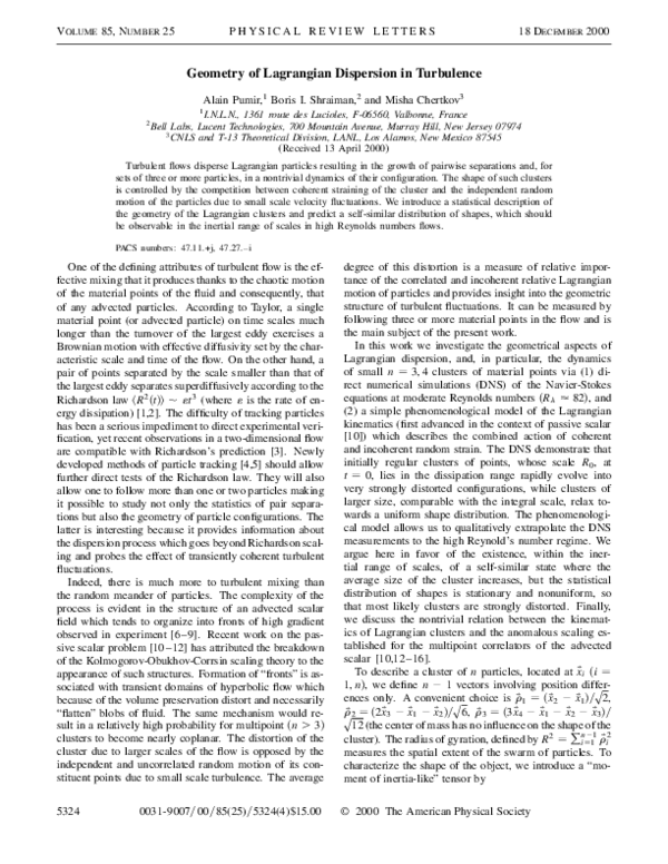 (PDF) Geometry of Lagrangian Dispersion in Turbulence | Alain Pumir - Academia.edu