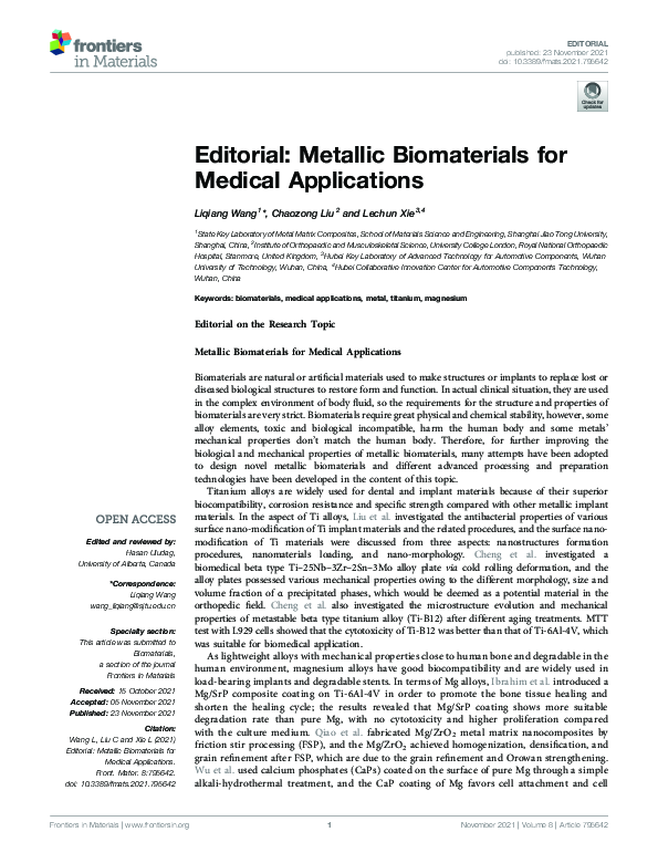 (PDF) Editorial: Metallic Biomaterials for Medical Applications