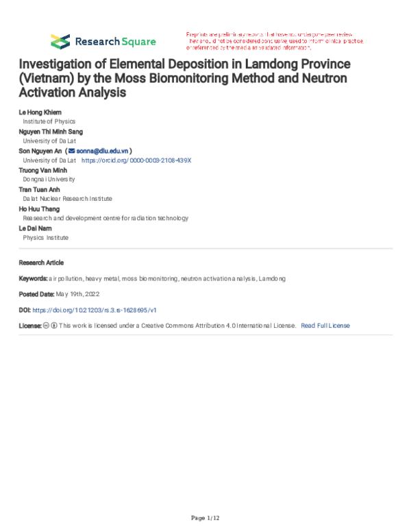 (PDF) Investigation of Elemental Deposition in Lamdong Province ...
