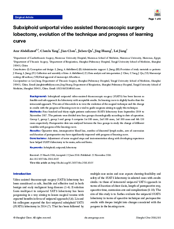 Pdf Subxiphoid Uniportal Video Assisted Thoracoscopic Surgery Lobectomy Evolution Of The