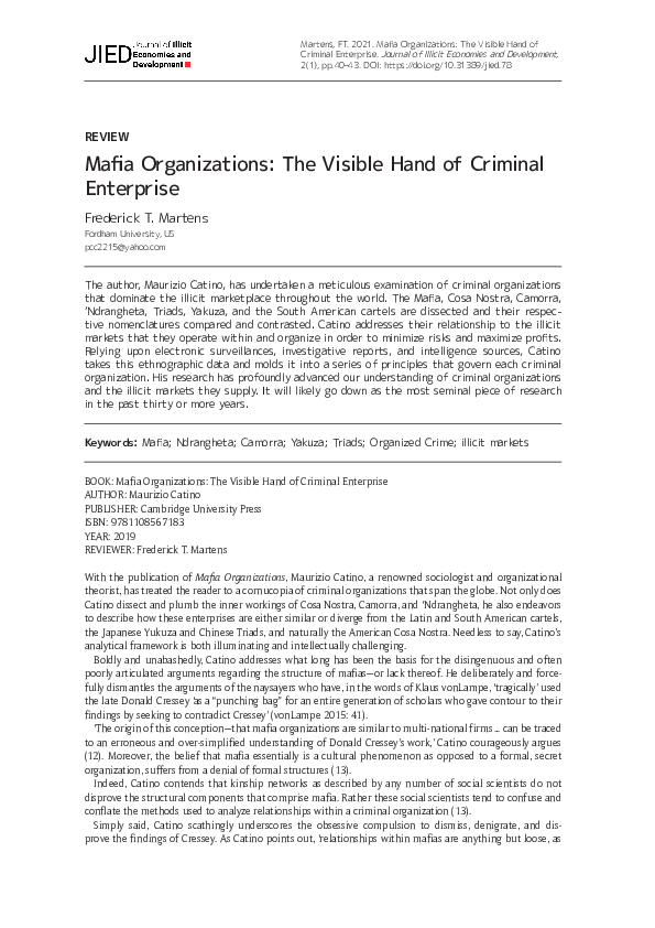 (PDF) Mafia Organizations: The Visible Hand of Criminal Enterprise