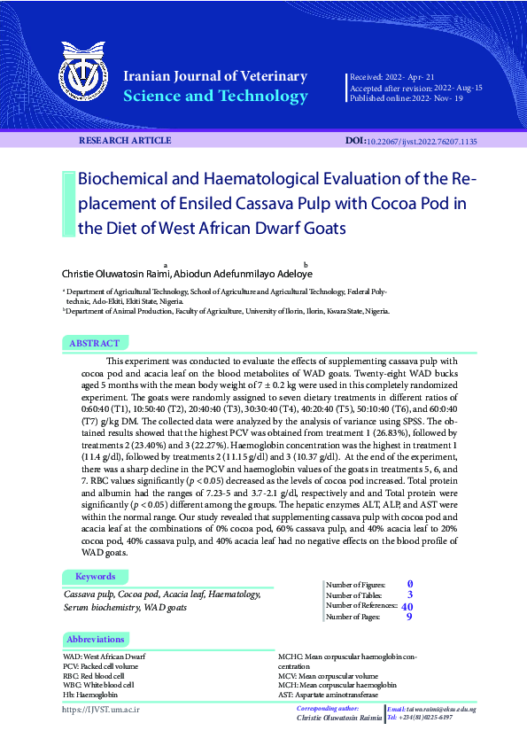 (PDF) Biochemical and Haematological Evaluation of the Replacement of ...