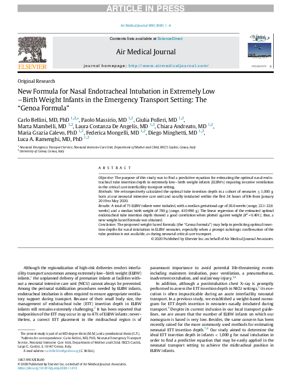 (PDF) New Formula for Nasal Endotracheal Intubation in Extremely Low ...