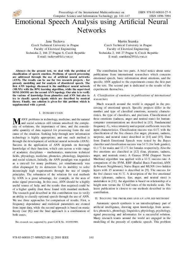 (PDF) Emotional speech analysis using artificial neural networks