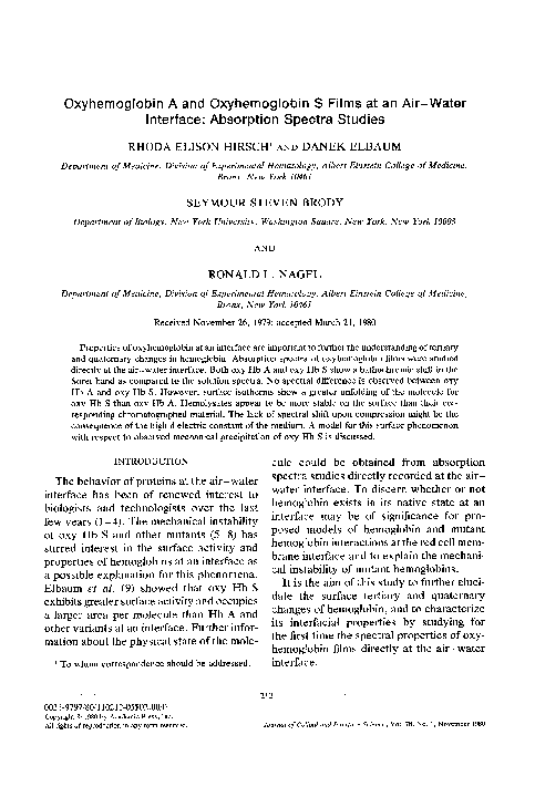 (PDF) Oxyhemoglobin A and oxyhemoglobin S films at an air-water ...