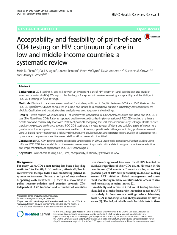 (PDF) Acceptability and feasibility of point-of-care CD4 testing on HIV ...
