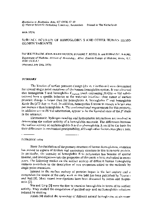 (PDF) Surface activity of hemoglobin S and other human hemoglobin variants