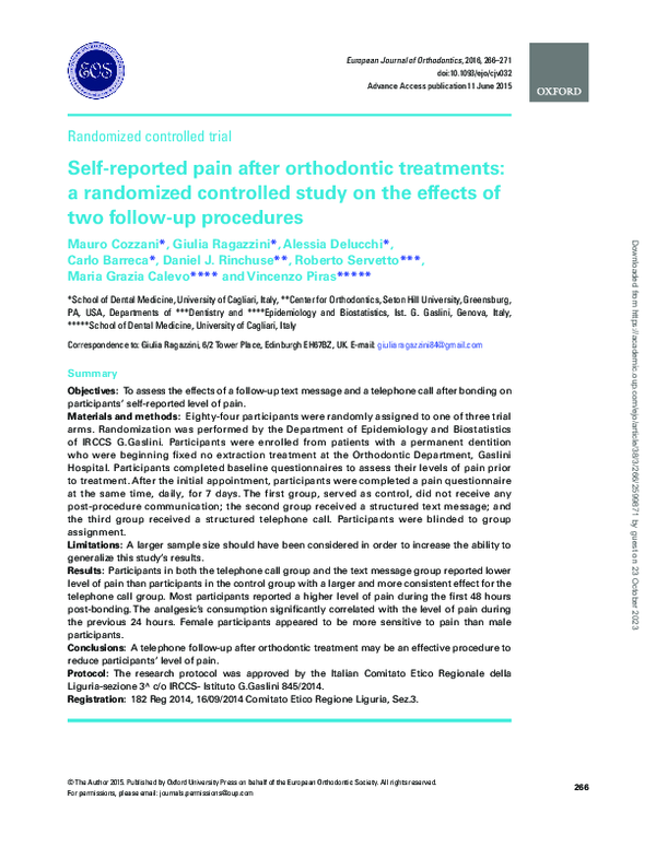 (PDF) Self-reported pain after orthodontic treatments: a randomized ...