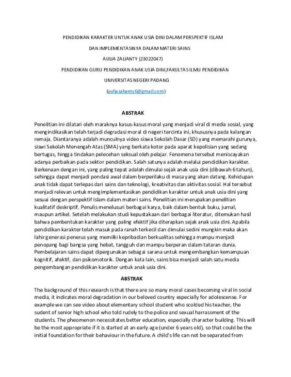 (PDF) Pendidikan karakter untuk anak usia dini dalam perspektif Islam dan implementasinya dalam ...