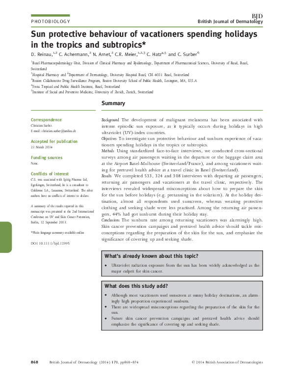 (PDF) Sun protective behaviour of vacationers spending holidays in the ...