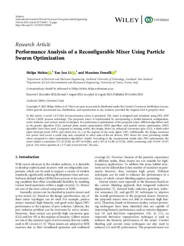 Pdf Performance Analysis Of A Reconfigurable Mixer Using Particle Swarm Optimization