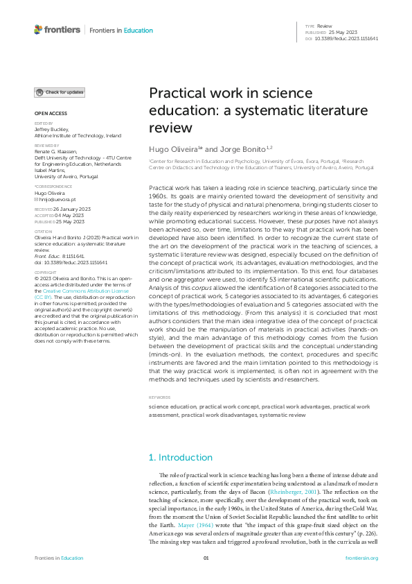 (PDF) Practical work in science education: a systematic literature review