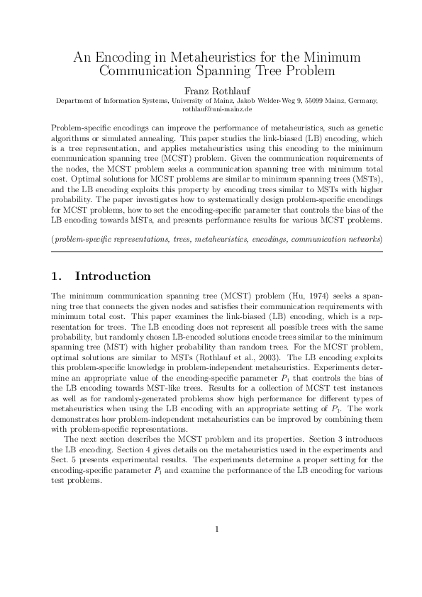 (PDF) An Encoding in Metaheuristics for the Minimum Communication Spanning Tree Problem
