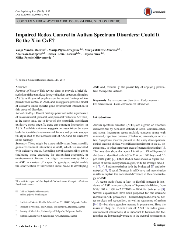 (PDF) Impaired Redox Control in Autism Spectrum Disorders: Could It Be ...
