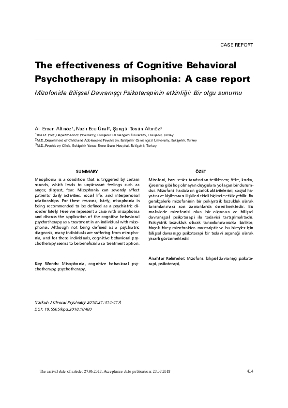 (PDF) The effectiveness of Cognitive Behavioral Psychotherapy in Misophonia: A Case Report