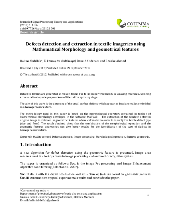 (PDF) Defects detection and extraction in textile imageries using Mathematical Morphology and ...