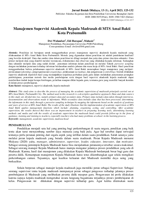 (PDF) Manajemen Supervisi Akademik Kepala Madrasah di MTS Amal Bakti Kota Prabumulih