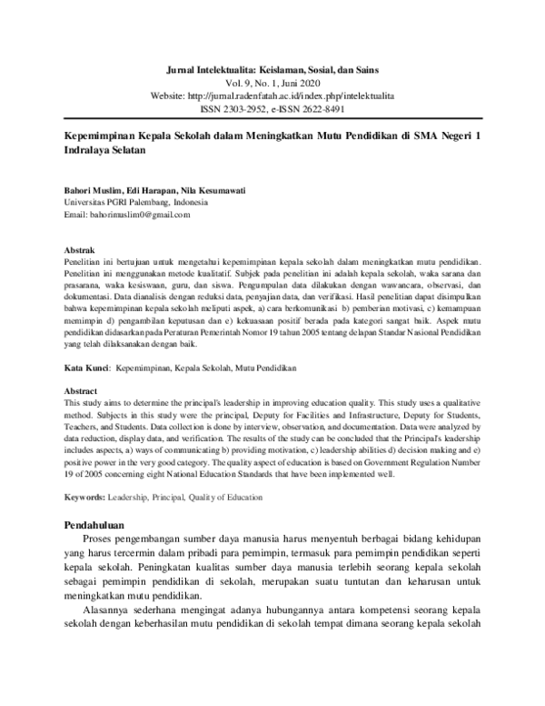 (PDF) Kepemimpinan Kepala Sekolah dalam Meningkatkan Mutu Pendidikan di SMA Negeri 1 Indralaya ...