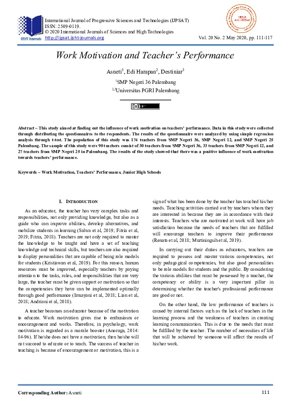 Pdf Work Motivation And Teachers Performance