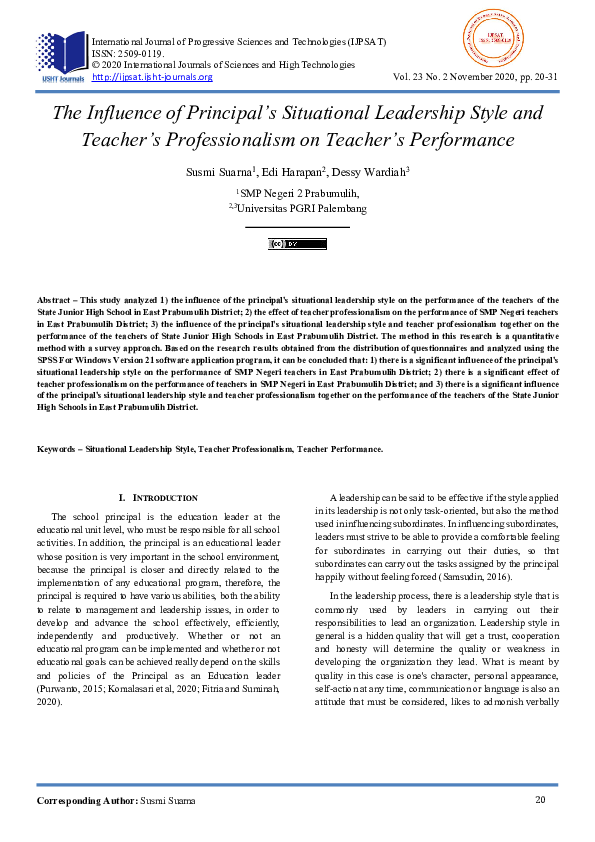 (PDF) The Influence of Principal’s Situational Leadership Style and Teacher’s Professionalism on ...