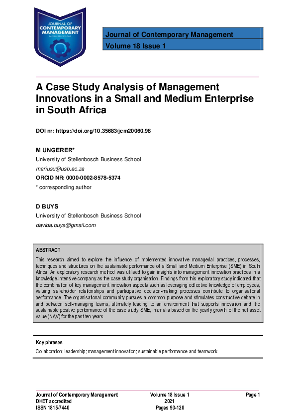 (PDF) A case study analysis of management innovations in a small and ...