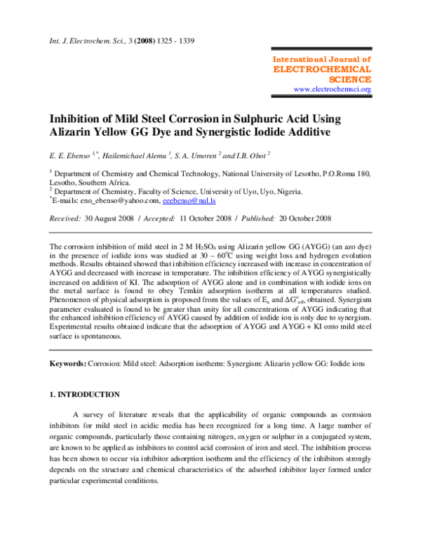 (PDF) Inhibition of Mild Steel Corrosion in Sulphuric Acid Using Alizarin Yellow GG Dye and ...