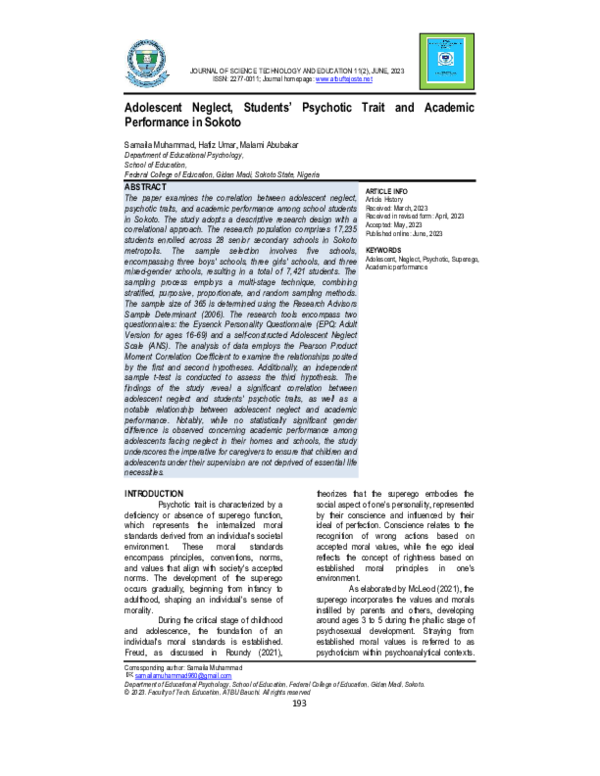 (PDF) Adolescent Neglect, Students' Psychotic Trait and Academic ...