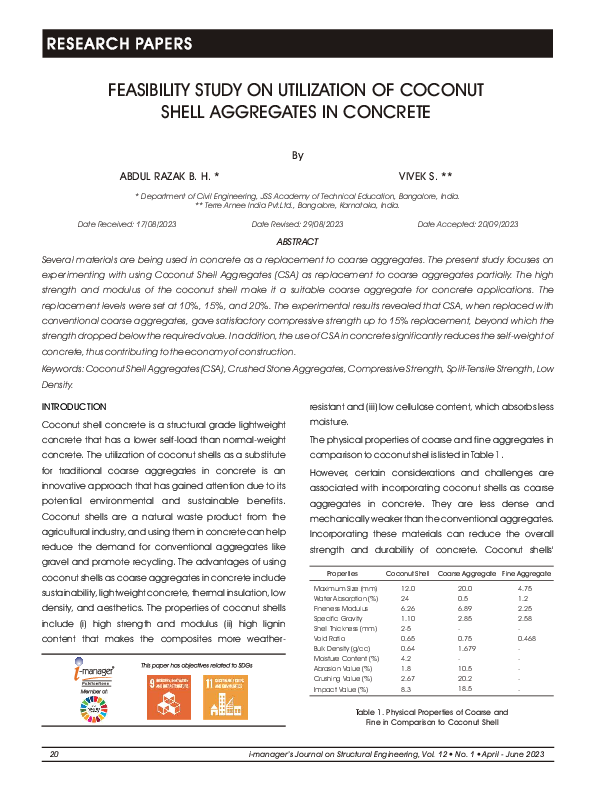(PDF) FEASIBILITY STUDY ON UTILIZATION OF COCONUT SHELL AGGREGATES IN ...