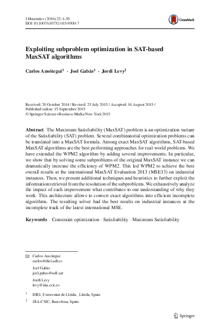 (PDF) Exploiting subproblem optimization in SAT-based MaxSAT algorithms | Jordi Levy - Academia.edu