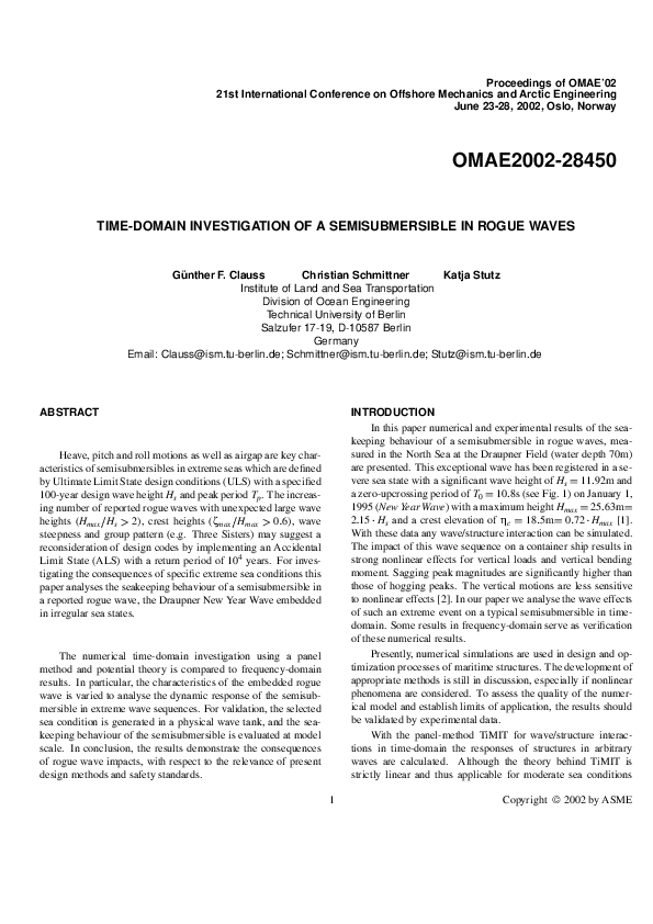 (PDF) Time-Domain Investigation of a Semisubmersible in Rogue Waves ...