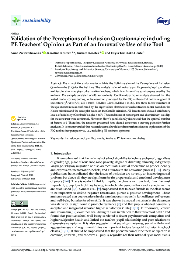 (PDF) Validation of the Perceptions of Inclusion Questionnaire ...
